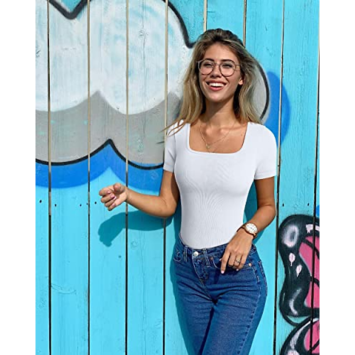 OQQ Women's 2 Piece Sexy Ribbed One Square Neck Short Sleeve BodySuit, Rose White, Large