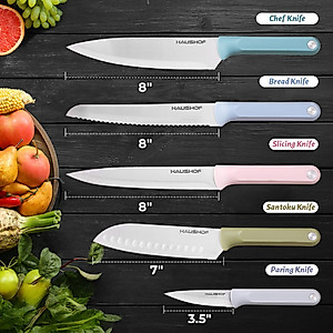 HAUSHOF Kitchen Knife Set, 5 PCS Colorful Kitchen Knives with Sheaths, Non-Stick Coated Stainless Steel Blades for Slicing, Dicing&Cutting, Gifts Knife Set with Ergonomic Handle for Dad, Mom, and Wife