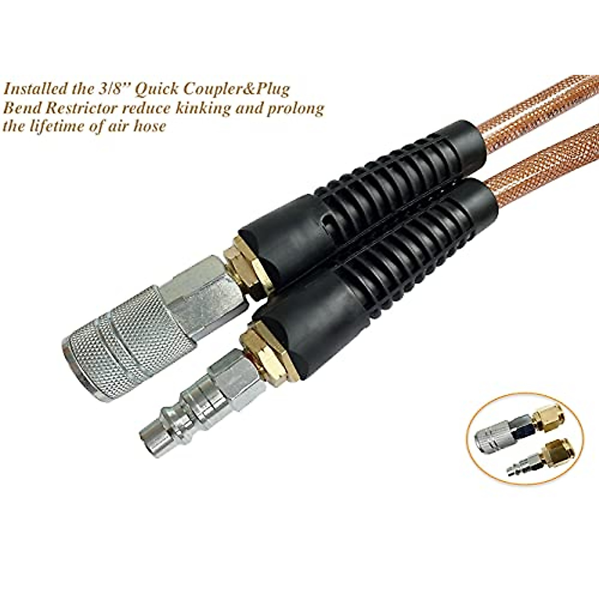 SANFU Polyurethane(PU) Reinforced 3/8”ID x 100ft Air Hose, 300PSI Wear Resistant with 3/8” Reassembled Industrial Quick Coupler and Plug, Bend Restrictor, Brown(100’)