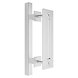 SMARTSTANDARD Heavy Duty 12" Pull and Flush Barn Door Handle Set, Large Rustic Two-Side Design, for Gates Garages Sheds Furniture, Solid Stainless Steel, Square, Silver