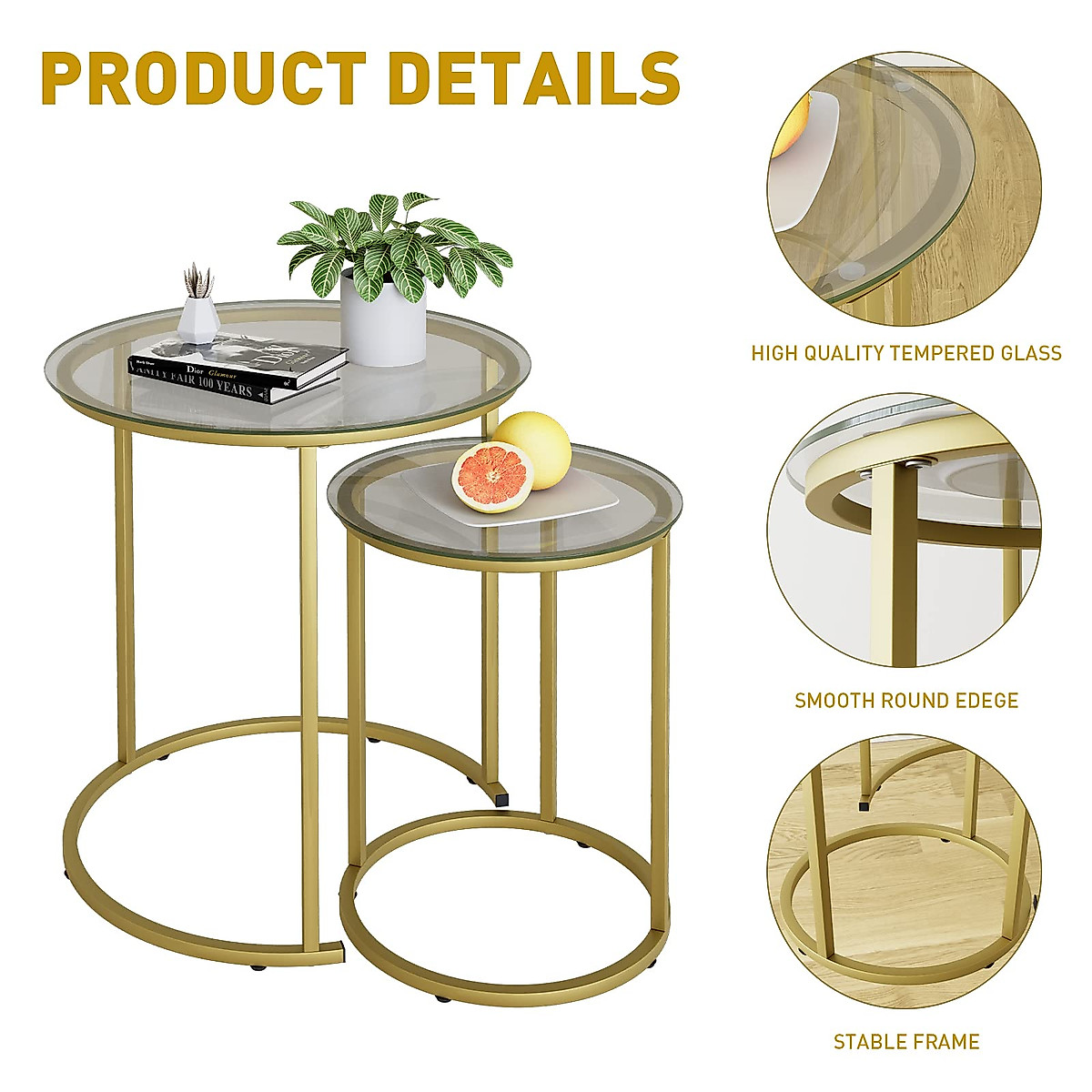 Azheruol Nesting Coffee Table Set of 2,Modern Gold Tempered Glass Side Table, Metal Frame Round End Table.Small Glass Tea Table for Living Room,Bedroom Studio Apartment Essentials，23.2in