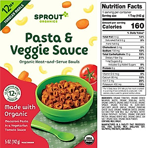 Sprout Organic Baby Food, Toddler Meals, Macaroni Pasta with Vegetarian Tomato Sauce, 5 Oz Bowl (8 Count)