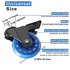ANPTGHT Office Chair Wheels with Brake, Wheels Smooth Rolling Heavy Duty Casters Safe for Hardwood Floors & Carpet, Replacement Rubber Chair Casters Smooth & Quiet Universal Stem 7/16" Blue Set of 5