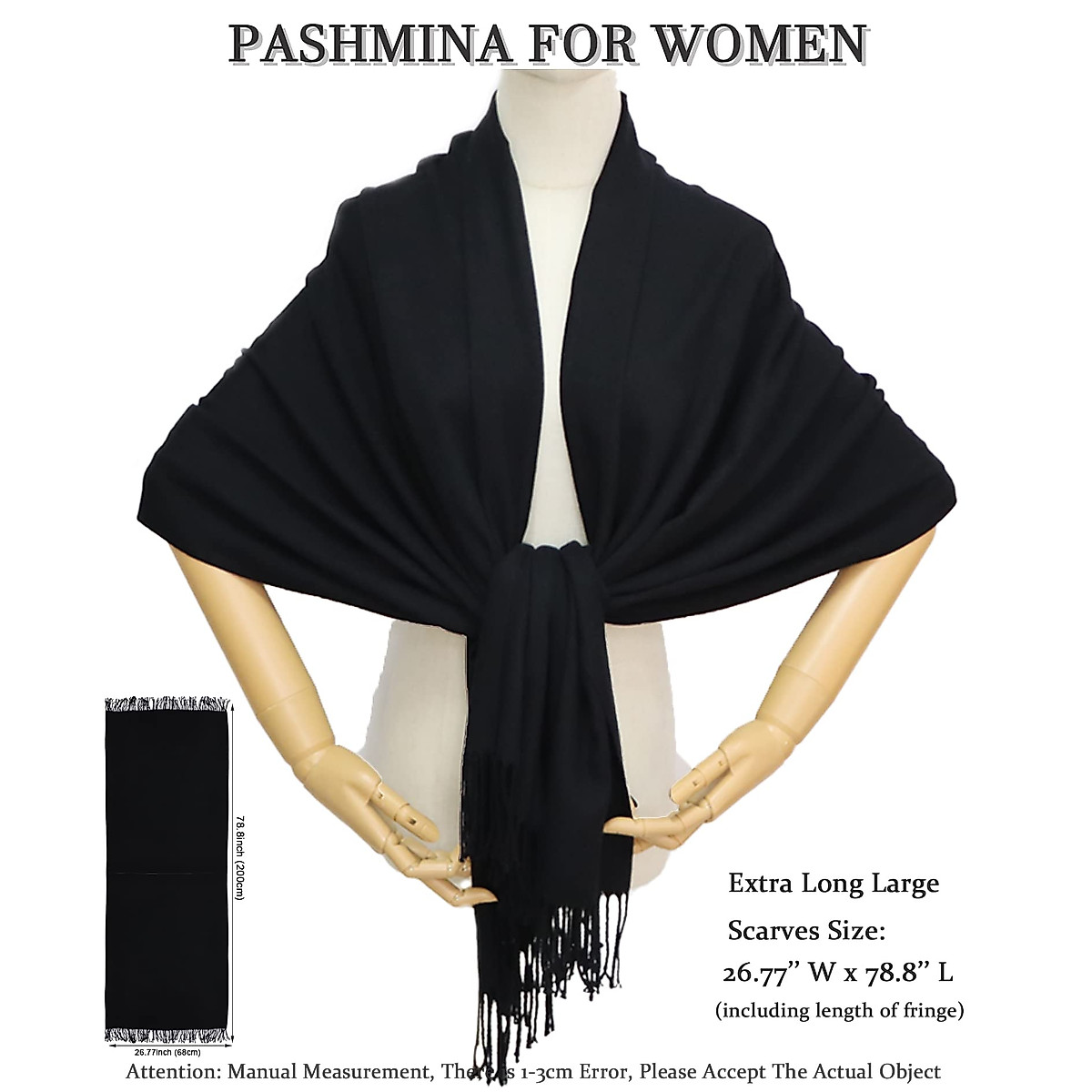 Gragengs Pashmina Shawls and Wraps Scarfs for Women Wedding Party Winter Warm Long Solid Color,Black