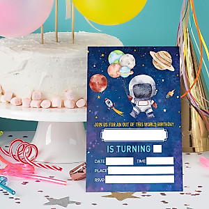 UDNADKEX Birthday Invitations for Boy Space with Envelopes, Invites for Birthday Party Galaxy Planets Rocket Ship, Astronaut Birthday Party Invite Cards, Out of This World, 4"x6" Set of 20