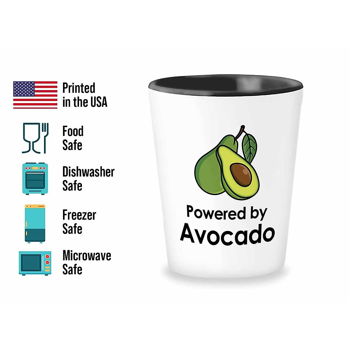 Flairy Land Vegan Shot Glass 1.5oz - Powered by Avocado - Fruitarian Herbivorous Vegetarian Diet Healthy Plant Based Gluten Free Veggie Veganism