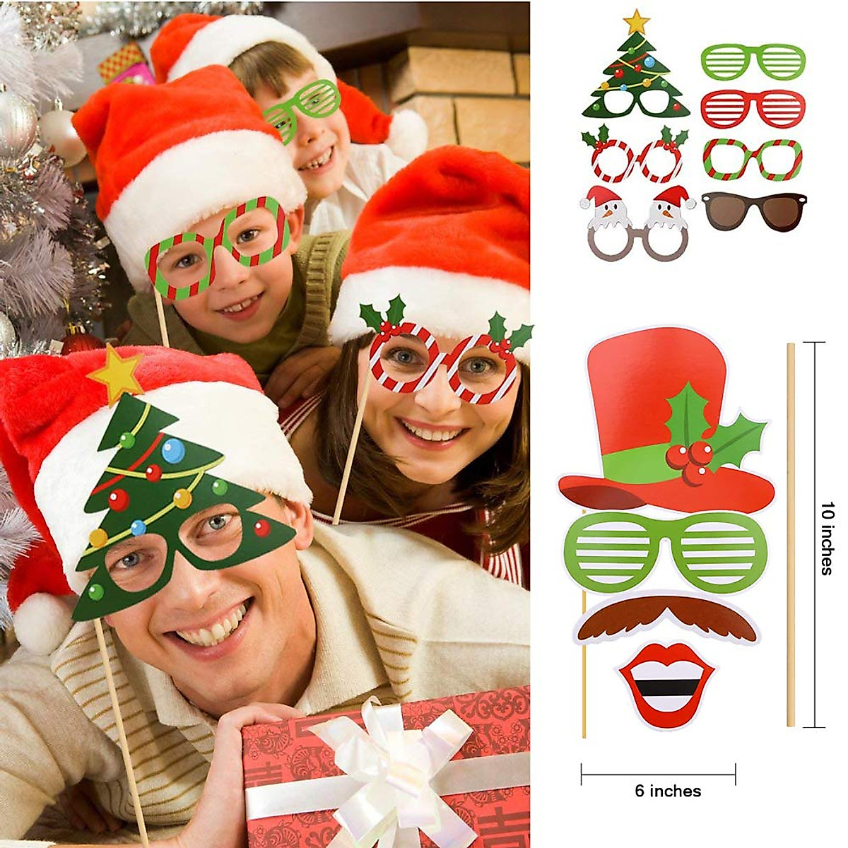 Christmas Photo Booth Props 32Pcs（Upgraded Version）, Merry Christmas Party Pose Sign, Red and Green Christmas Party Supplies Decorations for Kids Adults