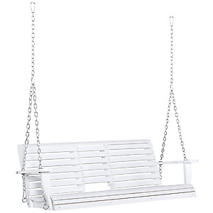 Outsunny 3-Seater Wooden Porch Swing, Patio Swing Bench with Folding Coffee Table, Cup Holders and Chains Included, 440lbs Weight Capacity, Natural