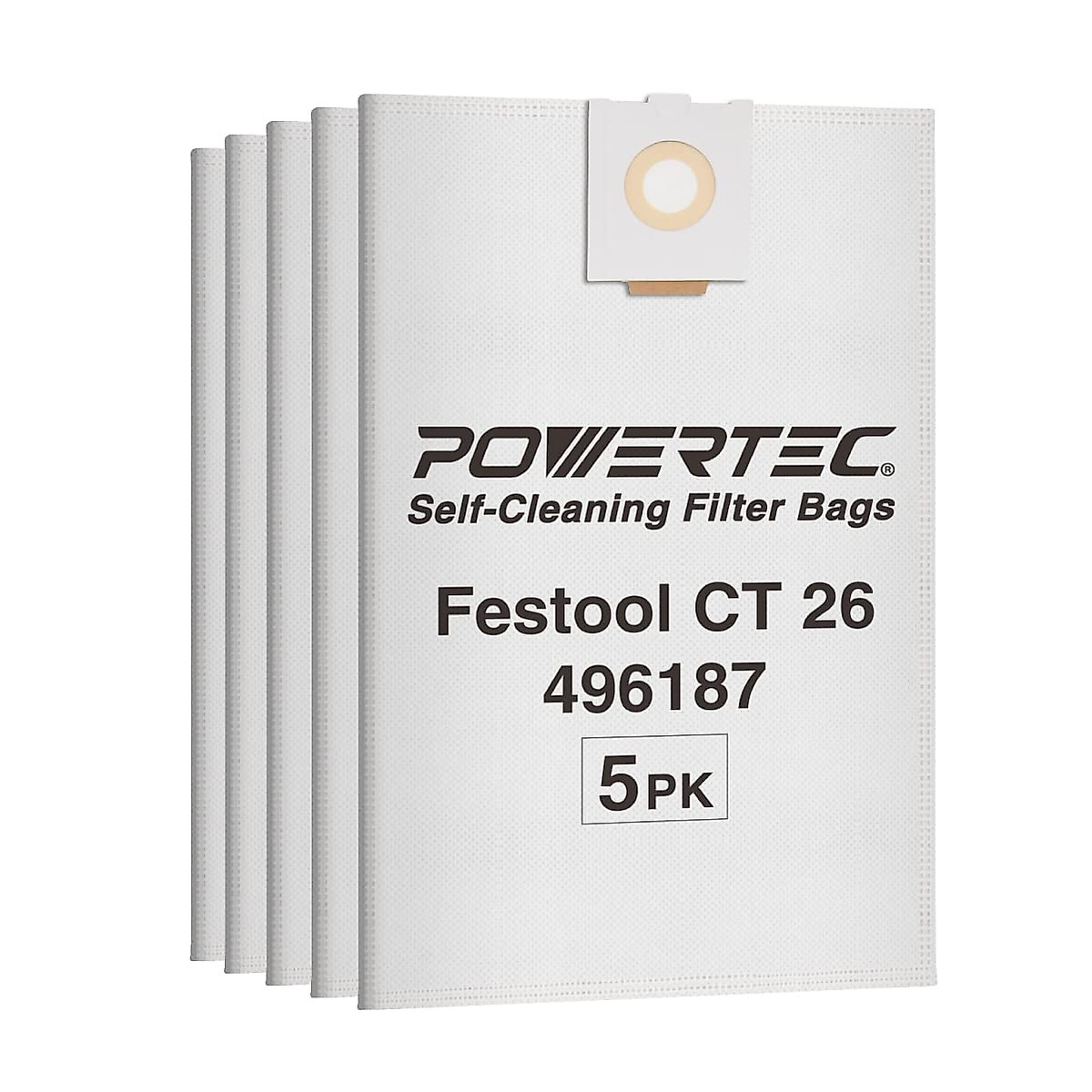 POWERTEC 75037 Filter Bags for Festool 496187 Fits CT 26, 5PK