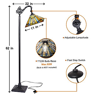 Capulina Tiffany Floor Lamp H62 Tall Antique Mission Style Stained Glass Soft Light Arched Gooseneck Adjustable Angle Reading Lamp for Living Room Bedroom