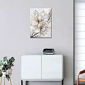 Novup White Flower Wall Art Blooming Floral with Gold Foil Canvas Print Wall Art The Picture for Living Room Bedroom Contemporary Wall Painting Decoration Modern Abstract Artwork