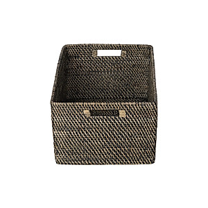 Loma Rectangular Rattan Storage Basket with Cut-Out Handles - Black-Wash - Coastal-Inspired Handwoven Rattan Basket for Home Organization & Décor