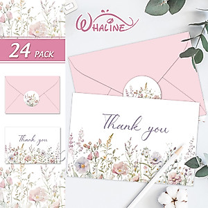 Whaline 24Pcs Wildflower Thank You Cards Bulk Watercolor Pink Flower Greeting Cards with Envelope Sticker Floral Blank Note Cards for Birthday Wedding Baby Shower Bridal Shower, 4 x 6 Inch