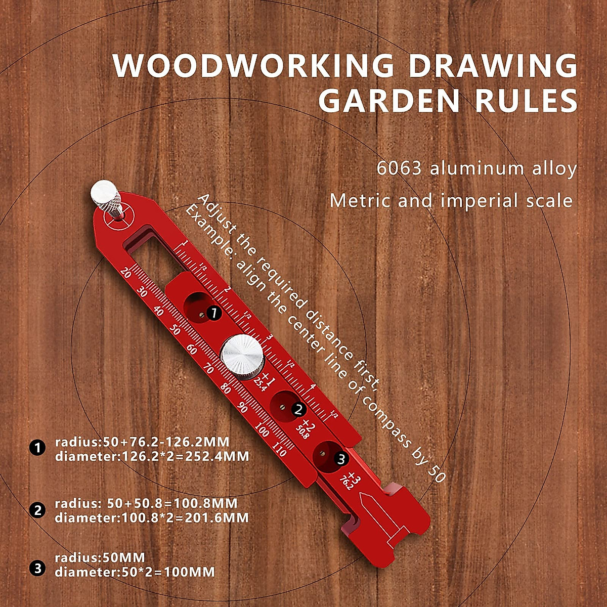 CDIYTOOL Woodworking Aluminum Alloy Circular Drawing Tool,Fixed-Point Marking Gauge Woodworking Compass Scribe,Metric/British,Adjustable Drawing Circle Ruler