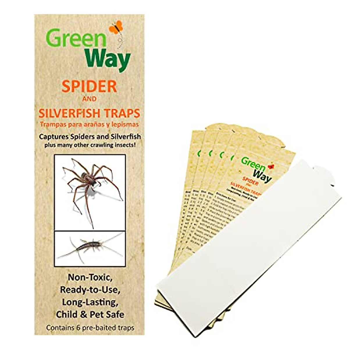 GreenWay Spider & Silverfish Trap - 6 prebaited Traps | Ready to Use Heavy Duty Glue, Safe, Non-Toxic with No Insecticides or Odor, Eco Friendly, Kid and Pet Safe