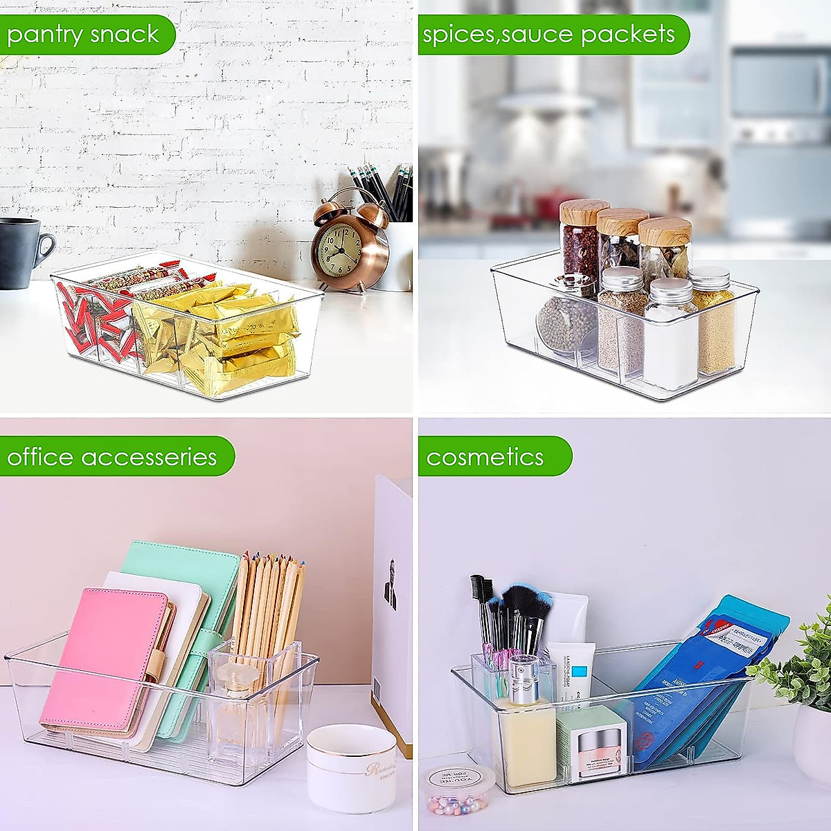 wilfox Pantry Organizer, 7 Pack Clear Organizer Bins with Removable Dividers, Pantry Organizers and Storage, Fridge Organizer and Cabinet Organizer for Snack, Pouches, Spice Packets