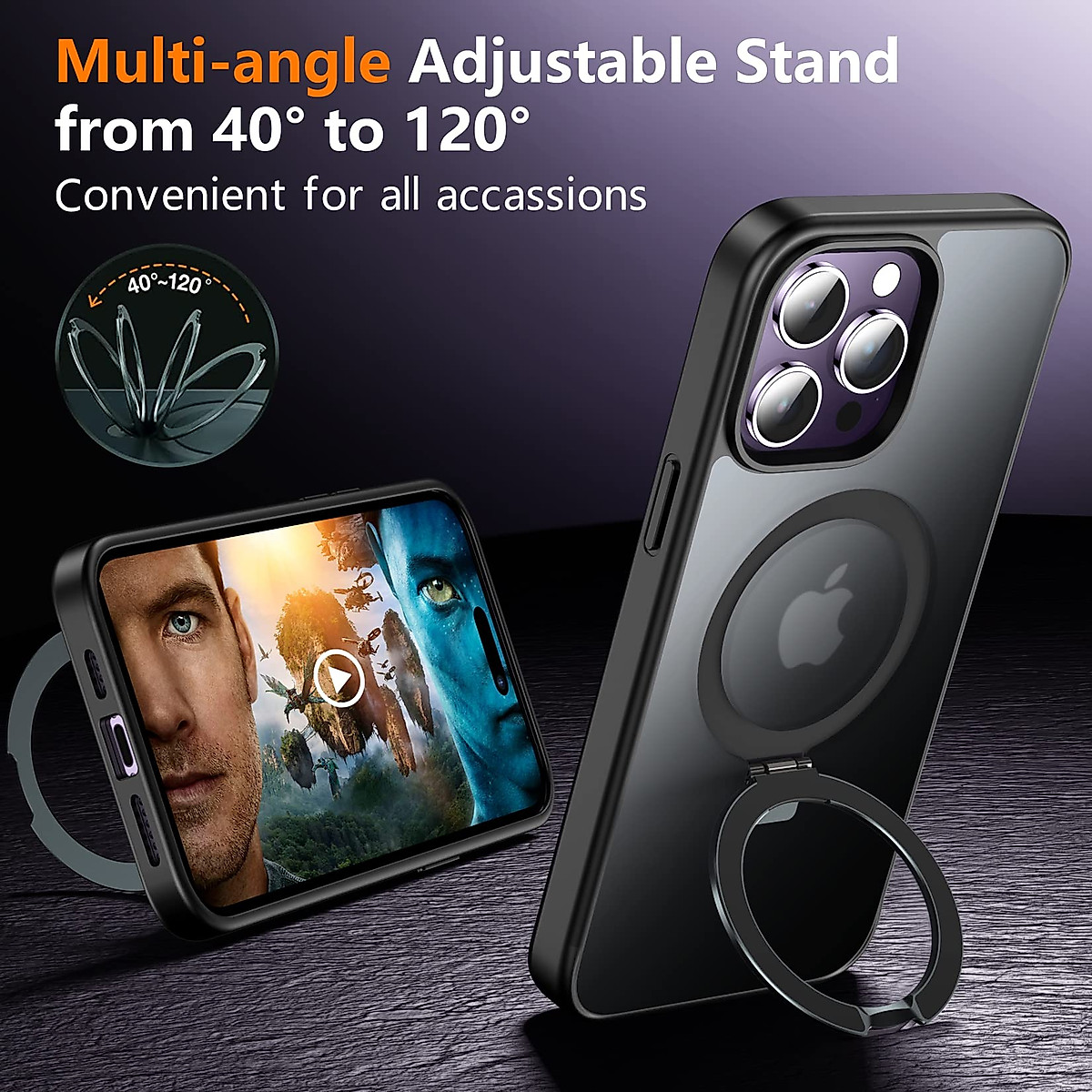 SPIDERCASE Magnetic for iPhone 14 Pro Max Phone Case,Built-in Invisible Stand [Compatible for Magsafe] Military Grade Shockproof [2 Pack Tempered Glass Screen Protector] Translucent Matte Case,Black