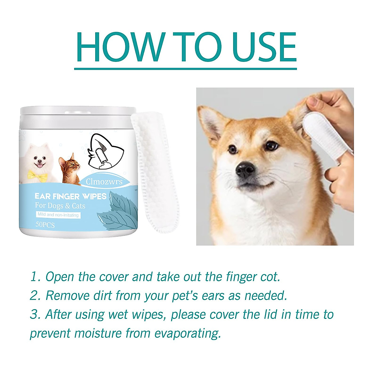 Clmozwrs Ear Finger Wipes for Dogs & Cats - Gently Remove Ear Wax, Debris Sooths Relieve Ear - 50 Count