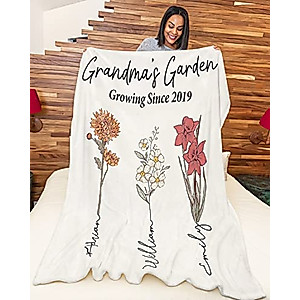 Love Signal Grandma's Garden Personalized Mom Blanket with Kids Names, Grandma Garden Blanket, Mothers Day Christmas Blanket Gifts, Custom Birth Month Flower Blanket for Nana Mimi Gigi