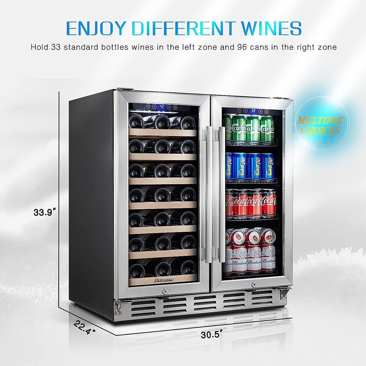 Kalamera Wine and Beverage Refrigerator, 30 inch Wine Fridge Dual Zone Hold 33 Bottles and 96 Cans, Digital Touch Control, Built-In or Freestanding