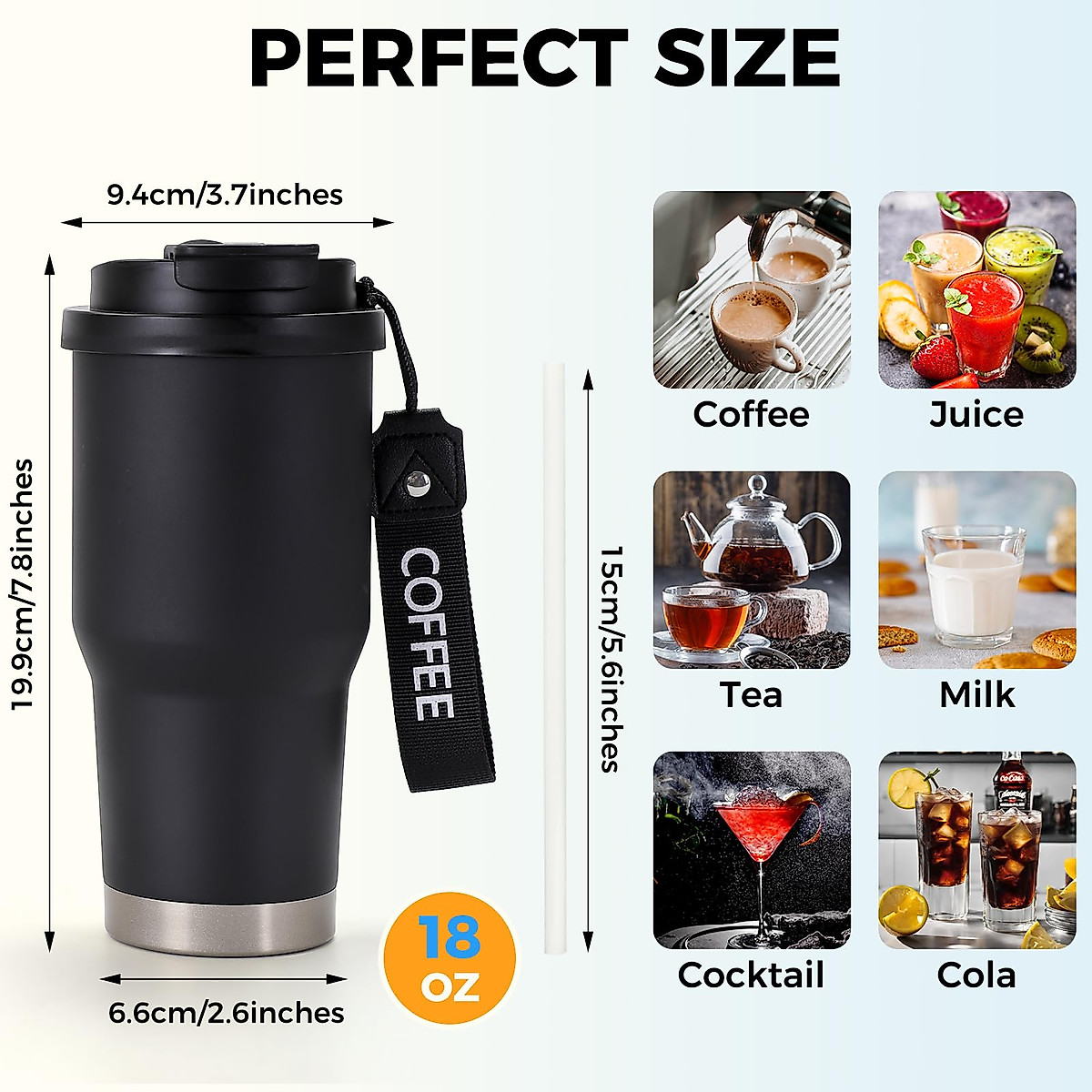 LATTPLYN Travel Coffee Mug, 18 oz Insulated Coffee Cup with Lid, Leakproof Stainless Steel Double-Wall Insulation Coffee Tumbler For Hot/Ice Coffee Tea Reusable Vacuum Thermal Thermos(Black-2, 18 oz)