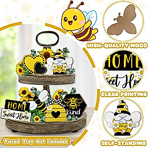 Guoofu Bee Tiered Tray Decor, 6 Pieces Spring Summer Farmhouse Tiered Tray Decorations, Decorative Bumble Bee Gnome Hive Honey Wooden Signs, Rustic Home Decor for Table Mantel Office Holiday Party