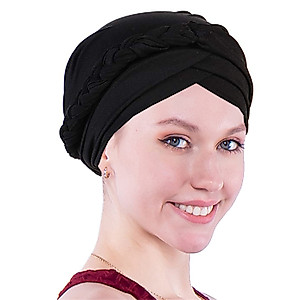 Awlsyj Chemo Cancer Head Hat Cap Ethnic Bohemia Pre-Tied Twisted Braid Hair Cover Wrap Turban Headwear (A Black)