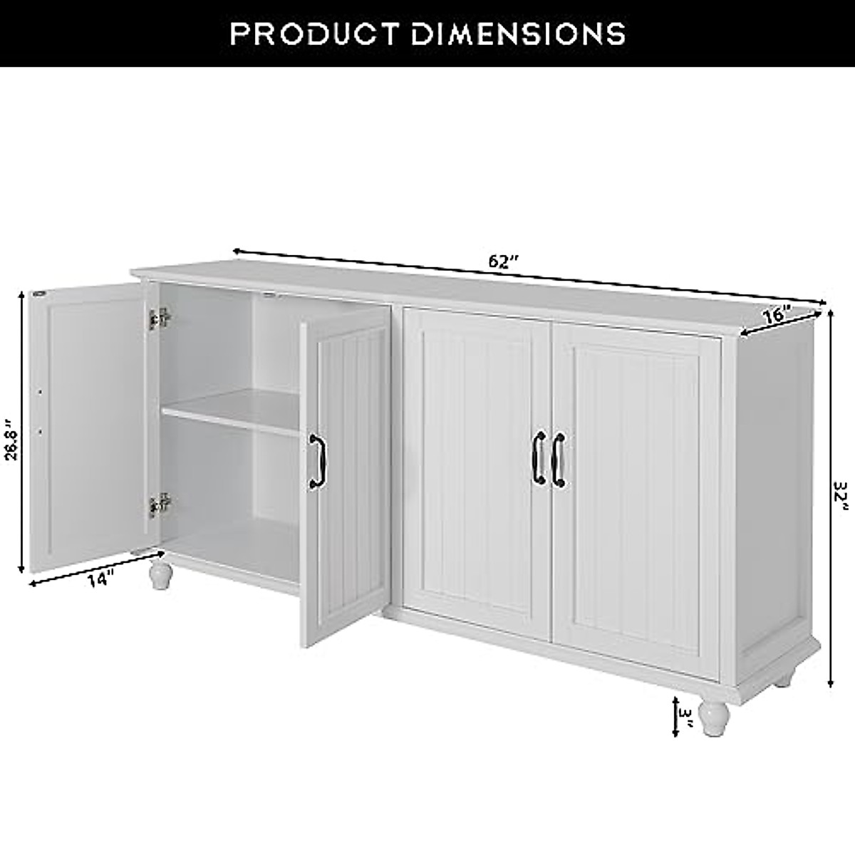 Scurrty Buffet Cabinet Bar with Storage, 65' Coffee Kitchen Storage 4 Doors, Sideboard for Dinning Room, and Living White, (HKBFDC012WH)