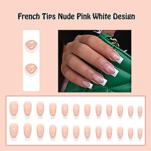 ANDGING Press on Nails Short Medium Coffin, French Tip for Women with Nude Pink White Design, Full Cover Glue on Nails, Reusable Nails Press on Stick on Nails for Christmas 24Pcs