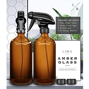 LiBa Amber Glass Spray Bottles 2 Pack, 16 oz Refillable Empty Spray Bottle for Cleaning, Essential Oils, Hair, Plants, Adjustable Nozzle for Squirt and Mist, Bleach/Vinegar/Rubbing Alcohol Safe