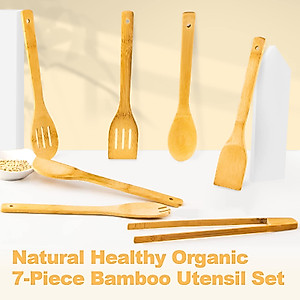 Wooden Spoons for Cooking 7-Piece, Kitchen Nonstick Bamboo Cooking Utensils Set, Durable and Healthy Bamboo Wooden Spatula Spoon for Cooking, Eisinly