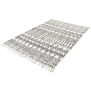 Eyes of India - 4 X 6 ft Off-White Black Cotton Block Print Area Dhurrie Rug Flat Weave Hand Woven Tassel Boho Chic Indian Bohemian Accent Handmade Handwoven