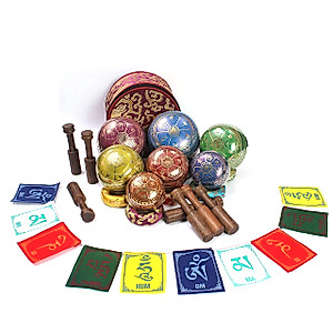 ESK GROUP Tibetan Singing Bowl Set of 7, Chakra Colors Decor Himalayan Singing Bowl w/ engraved Symbols, Handmade, Comes w/ silk cushions, 7 sticks, Flag & Silk Box, ESK-05