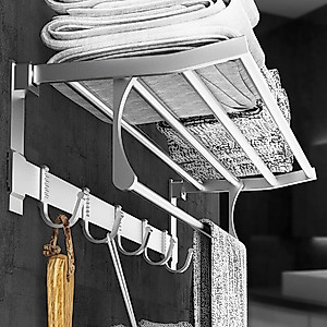 Bathroom Shelf Wall Floating Bathroom Bath Towel Rack with Shelf 23 Inch Wall Mounted Stainless Steel Bathroom Shelves with 5 Hooks Foldable Towel Holder Aluminum Floating Shelves Corner Shower Cadd