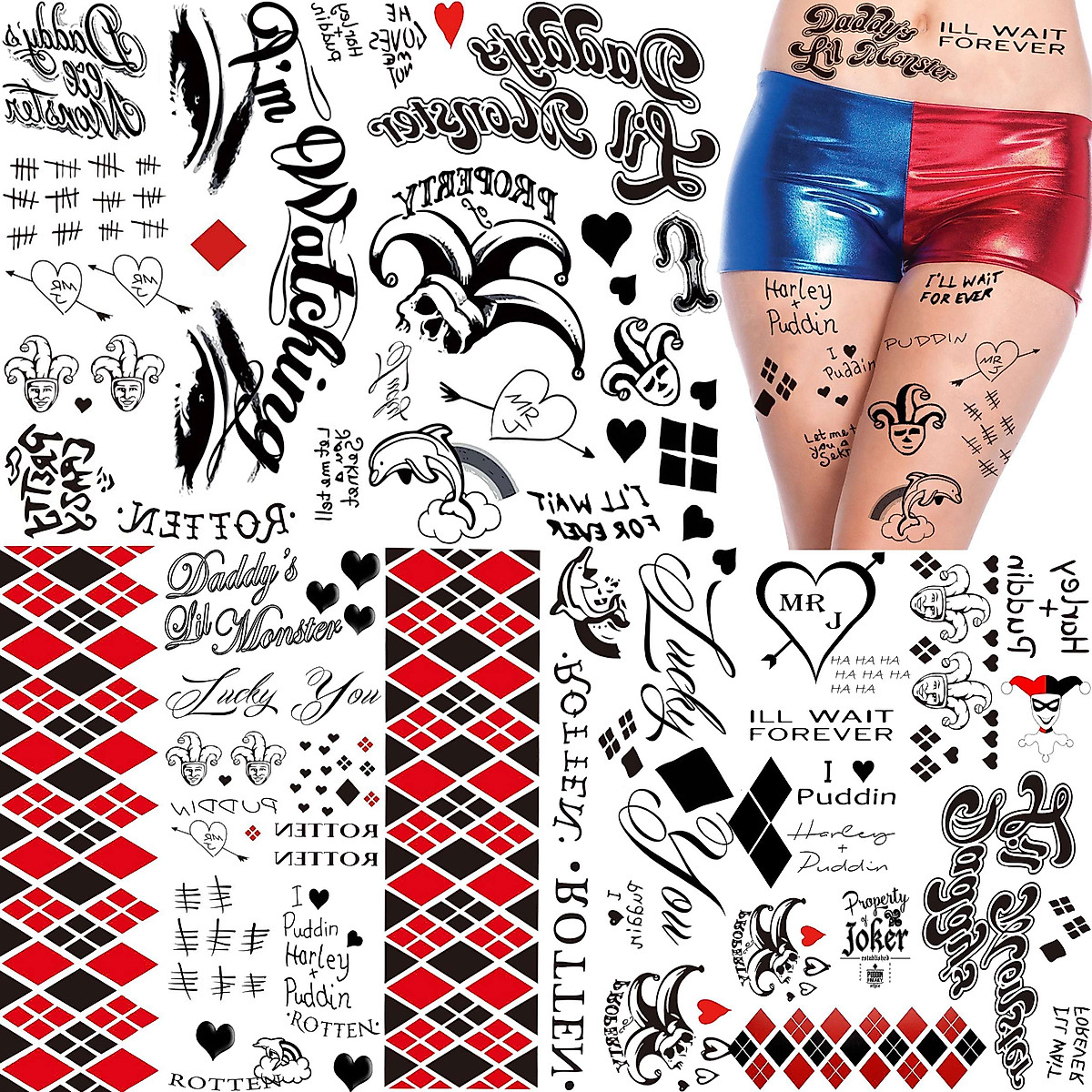 TASROI 5 Sheets Harley Quinn Tattoo Stickers For Women Men Adults, Fake Joker Harley Quinn Tattoos Suicide Squad Birds of Prey Temporary Tattoos Halloween Face Makeup, Harley Quinn Costume Accessories