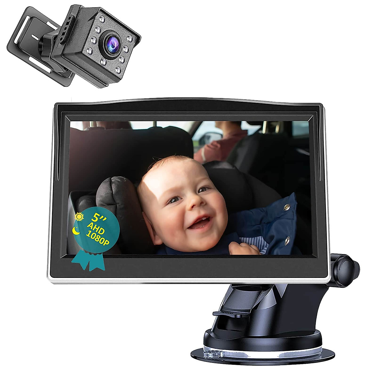 Baby Car Camera,FHD Enhanced 1080P 5 Inch Monitor Car Mirror Baby Rear Facing Seat Full View Infant Crystal Night Vision Goldencivetcat,with Plush & TF Card（64G PRO）