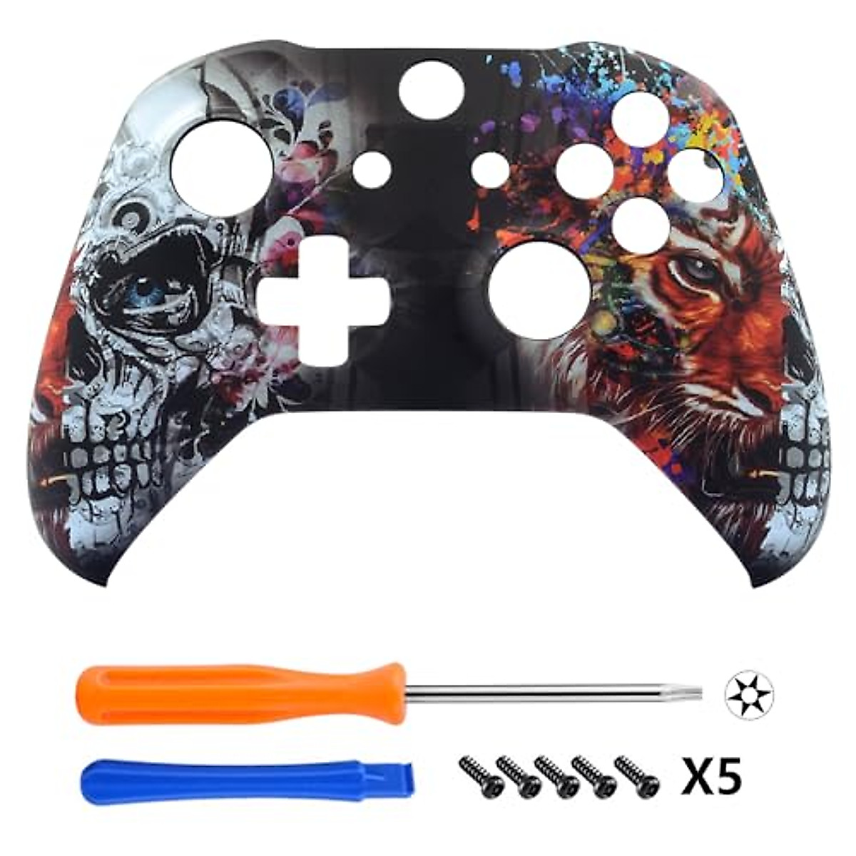 eXtremeRate Tiger Skull Faceplate Cover, Soft Touch Front Housing Shell Case, Comfortable Soft Grip Replacement Kit for Xbox One S & Xbox One X Controller - Controller NOT Included