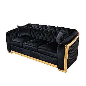 WILLIAMSPACE 81.1" Tufted Velvet Sofa Couch for Living Room, 3 Seater Button Sofa with Stainless Steel Gold Plating Decoration, Comfy Soft Upholstered Couch with 2 Pillows - Black