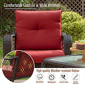 PHI VILLA 4 Piece Outdoor Wicker Patio Furniture Sets Clearance, Patio Wicker Conversation Sets All Weather Rattan Wicker Sofa with Cushions for Garden Lawn Deck, Brown & Red
