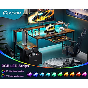 AODK 63-Inch Computer Desk with Power Outlet & LED Light, Reversible Office Desk with File Cabinet and Drawer, Gaming Desk with Keyboard Tray, Study Table with Full Monitor Riser and PC Stand, Vintage