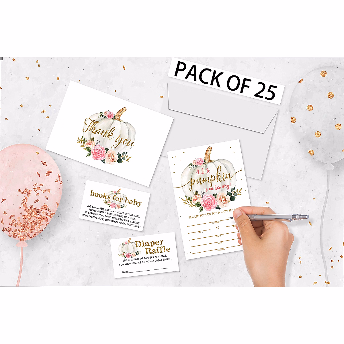 Pumpkin Floral Baby Shower Invitation Set, Books For Baby, Thank You, Diaper Raffle, Fill In Invites Cards,Each Design 25 Cards & Envelopes (Total 100 Cards) – (b011-taozhuang)