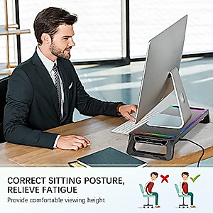 MOOJAY Monitor Stand Riser for Desk RGB Gaming Lights with USB 3.0 & 2.0 Hub, Foldable Computer Monitor Stand with Storage Drawer, Phone Holder, Desk Organizer and Pen Tray for PC/iMac