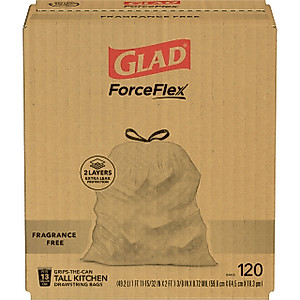GLAD ForceFlex Tall Drawstring Trash Bags, 13 Gallon White Trash Bags for Tall Kitchen Trash Can, Unscented Leak Protection Bags, 120 Count - Packaging May Vary