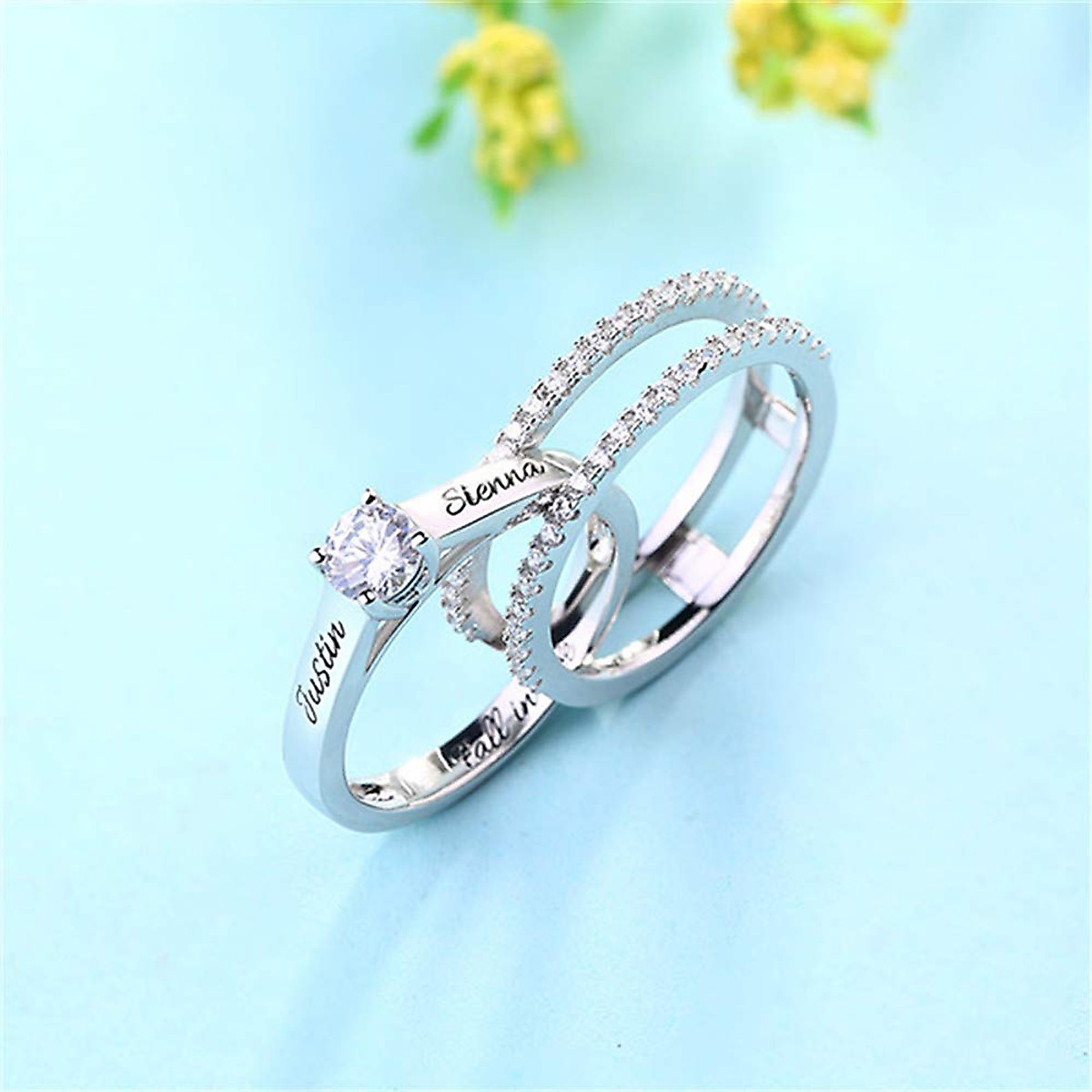 AILIN Personalized Twisted CZ Promise Rings with Name Engraved 925 Sterling Silver Wedding Bands Gift for Women Mother's Day Engagement Jewelry Square Heart Shape
