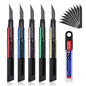 WORKPRO Premium Utility Knife Retractable Snap-off Blade, Heavy Duty Aluminum Box Cutter Set, Razor Knife Exacto Craft Knives, with 10 Extra 9mm Blades, Pack of 5
