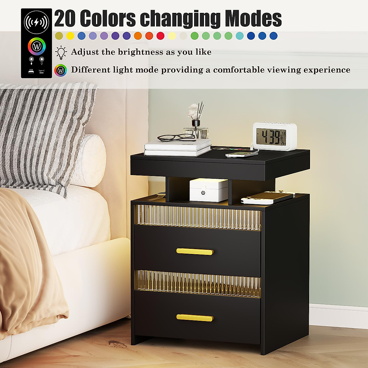 Nightstand with Charging Station and LED Lights, Night Stand with 2 Drawers, Wood Smart Bedside Table, Modern Bed Side Table for Bedroom, Black