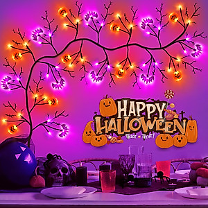 9FT 72LED Halloween Decorations Willow Vine Twig Garland with 8 Modes Orange Purple Lights & Timer &12 Pumpkin Bat,Battery Operated Halloween Garland for Mantel Table Fireplace Indoor Home Decor