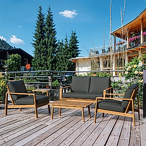 Arceisle 4 PCS Acacia Wood Patio Furniture Set,5" Cushion Thickness Outdoor Seating Chat Set with Gray Cushions & Back Pillow,Outdoor Conversation Set with Coffee Table,Ideal for Garden,Backyard