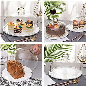 DOITOOL Ceramic Cake Plate with Glass Dome Glass Dessert Holder Clear Cupcake Stand Decorative Serving Tray Dish Rack for Fruit Dessert Cake White