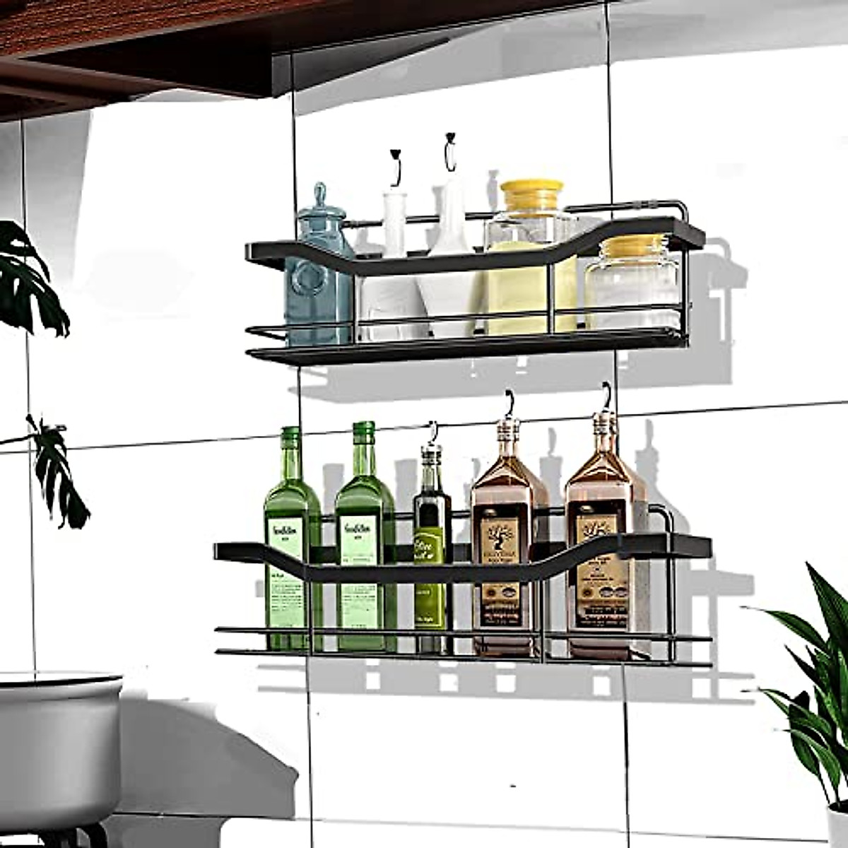 KJMWT Shower Caddy,4 Pack Shower Organizer with No Drilling Wall Mounted,Rustproof Shower Shelves with 4 Hooks,Shower Shelf for Bathroom and Kitchen,Matte Black